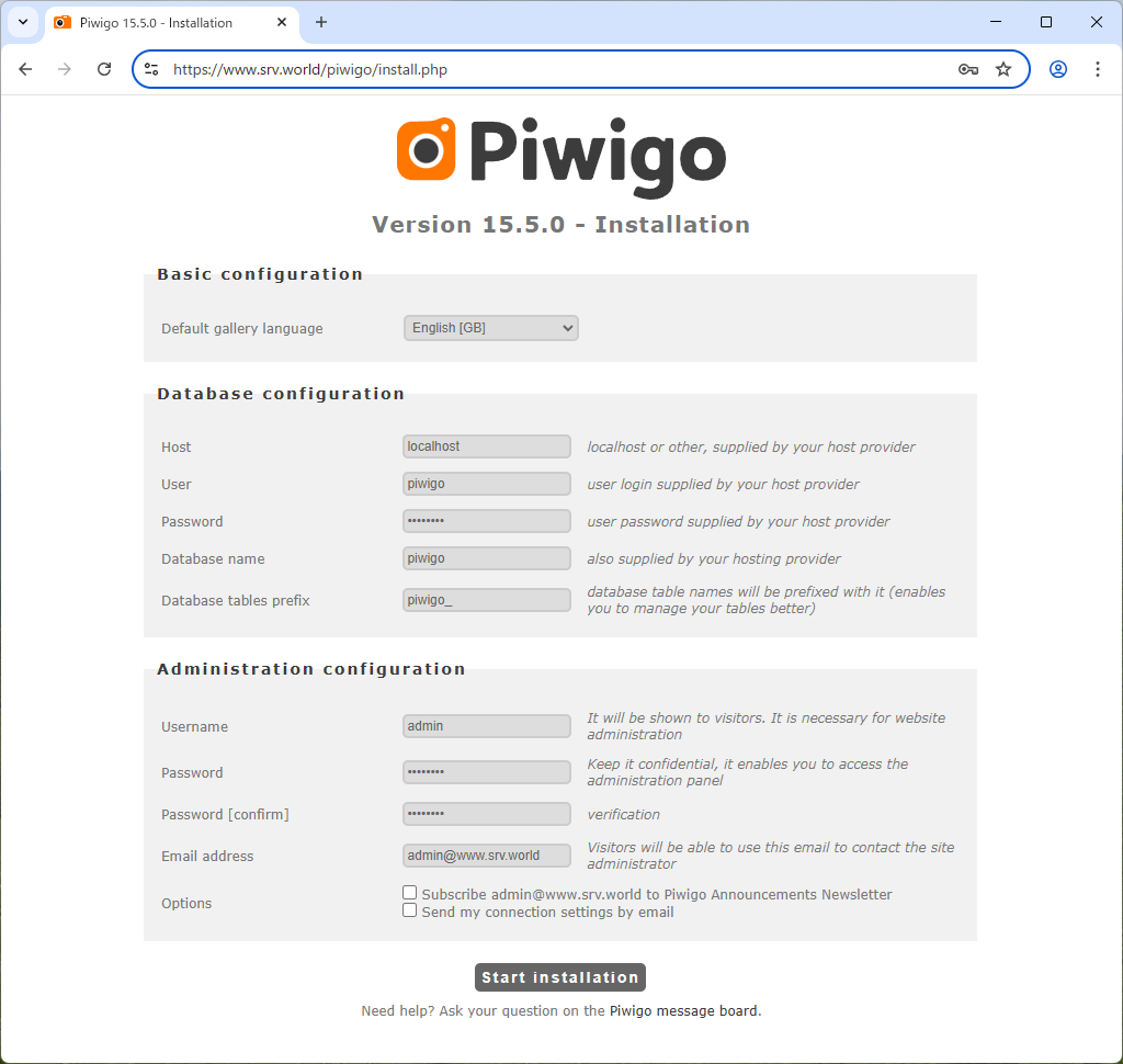 CentOS Stream 10 : Apache httpd : フォトギャラリー : Piwigo : Server World