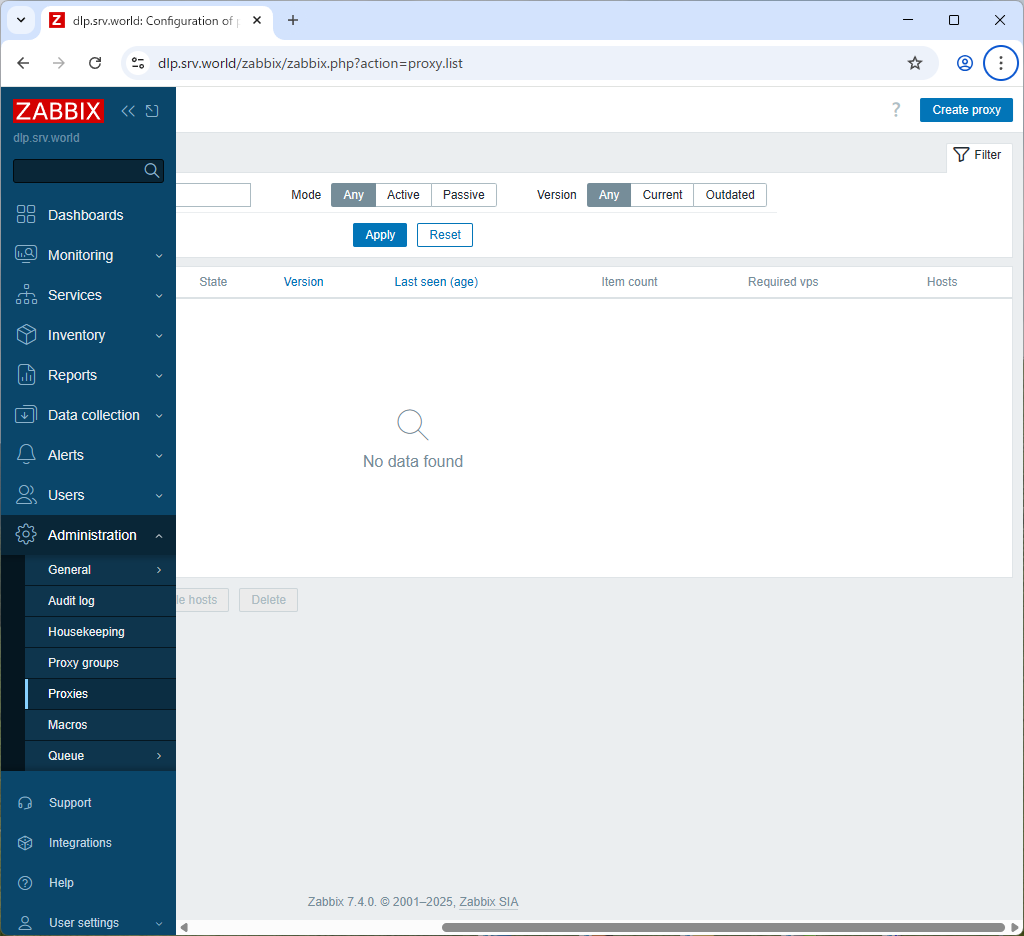 CentOS Stream 10 : Zabbix 7.4 : Zabbix Proxy の設定 : Server World