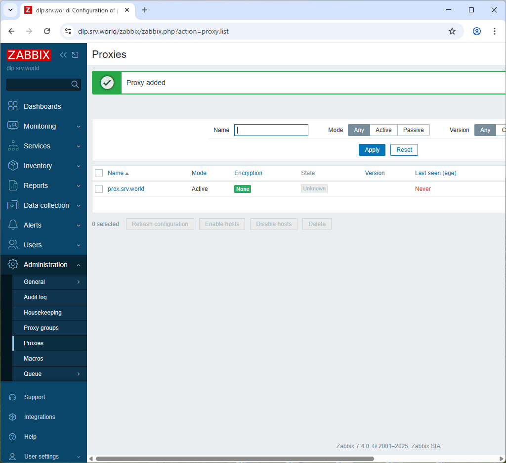CentOS Stream 10 : Zabbix 7.4 : Zabbix Proxy の設定 : Server World