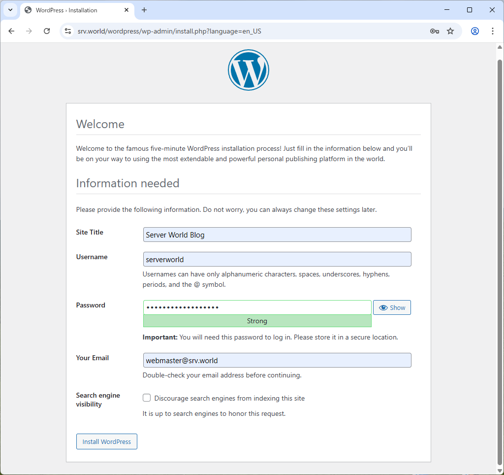 Rocky Linux 10 : Apache httpd : ブログシステム : WordPress : Server World