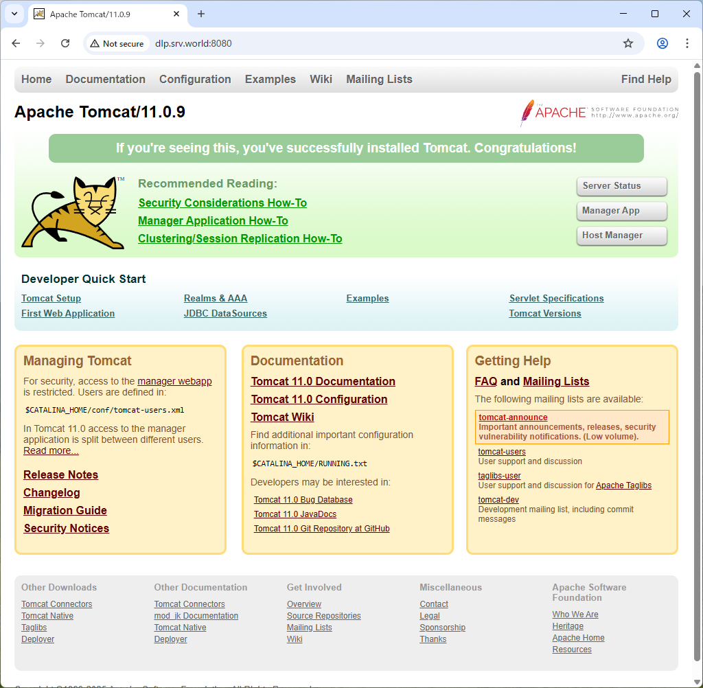 Rocky Linux 10 : Tomcat 11 インストール : Server World