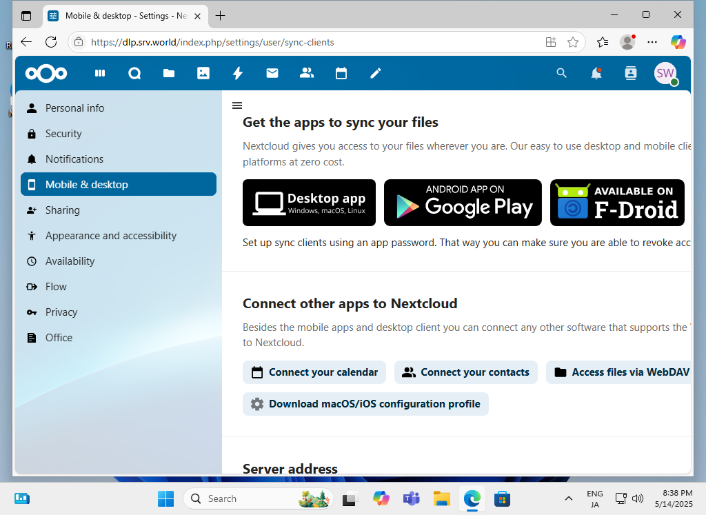 Rocky Linux 10 : NextCloud : デスクトップクライアントからアクセス : Server World