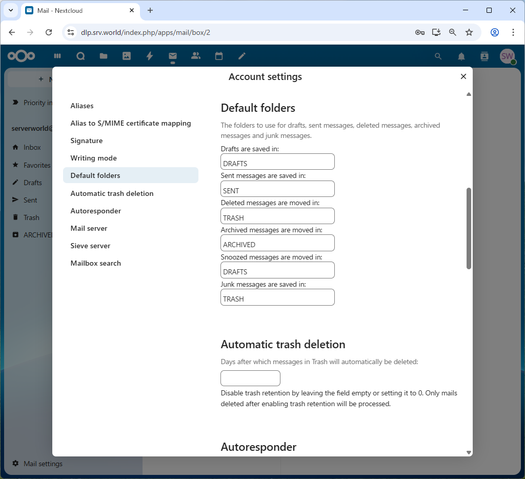 Rocky Linux 10 : NextCloud : メールを利用する : Server World
