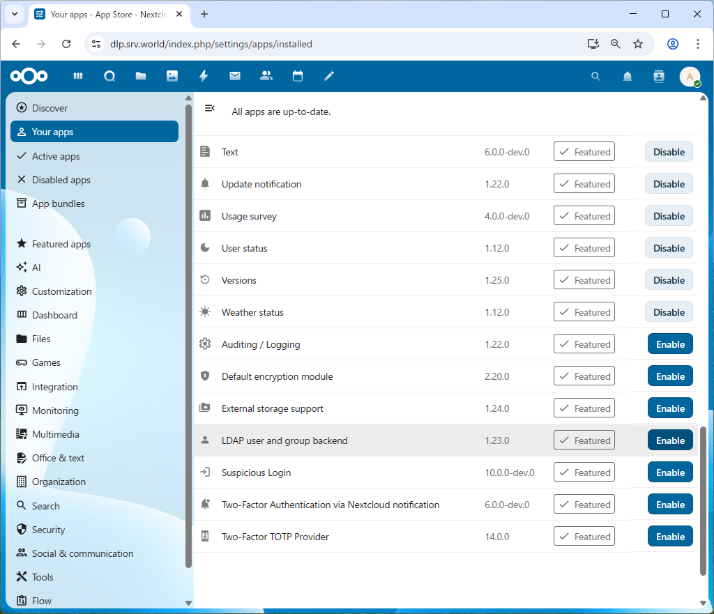 Rocky Linux 10 : NextCloud : AD 統合 : Server World