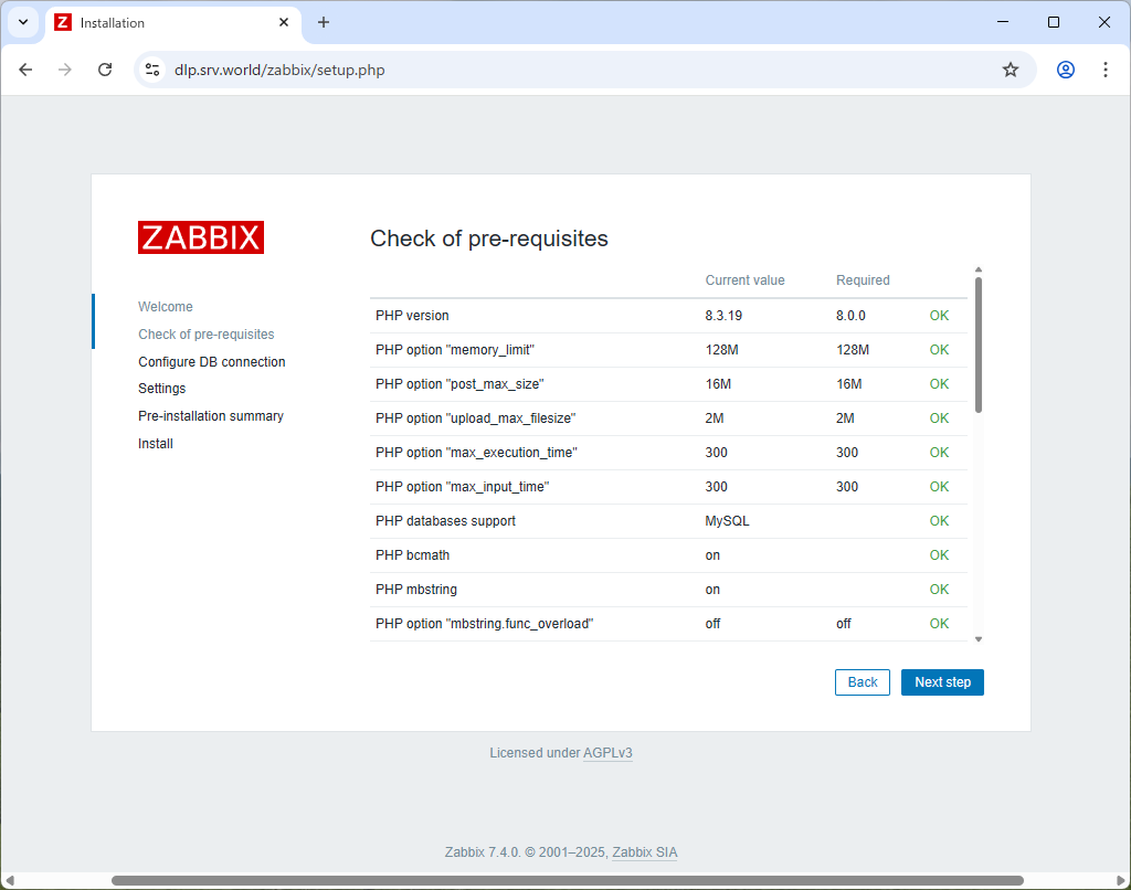 Rocky Linux 10 : Zabbix 7.4 : 初期セットアップ : Server World