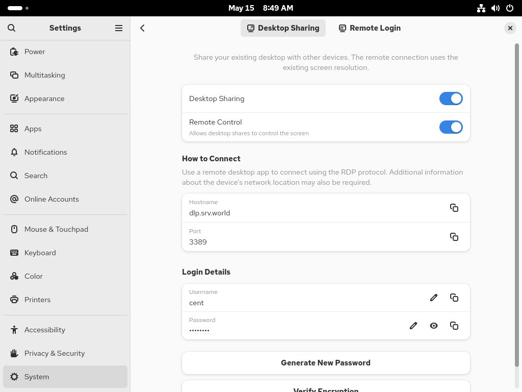 CentOS Stream 10 : GNOME Remote Desktop : Server World