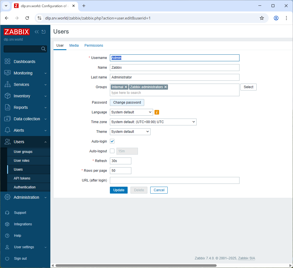 CentOS Stream 10 : Zabbix 7.4 : Change Admin Password : Server World