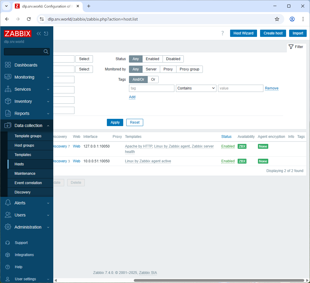 CentOS Stream 10 : Zabbix 7.4 : Add Monitoring Target (Windows) : Server World
