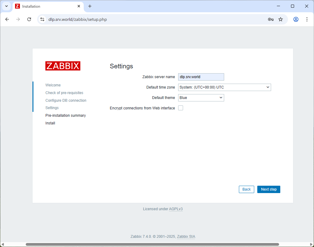 CentOS Stream 10 : Zabbix 7.4 : Initial Setup : Server World