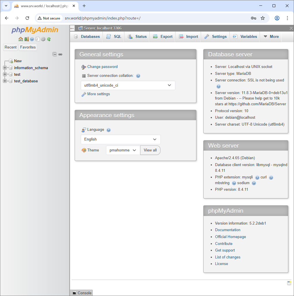 Debian 13 trixie : MariaDB : Install phpMyAdmin : Server World