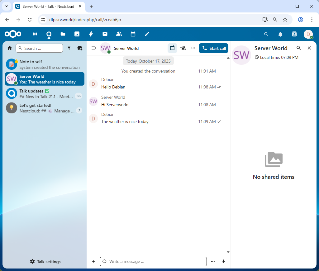Debian 13 trixie : NextCloud : Chat / Talk / Screen Share : Server World