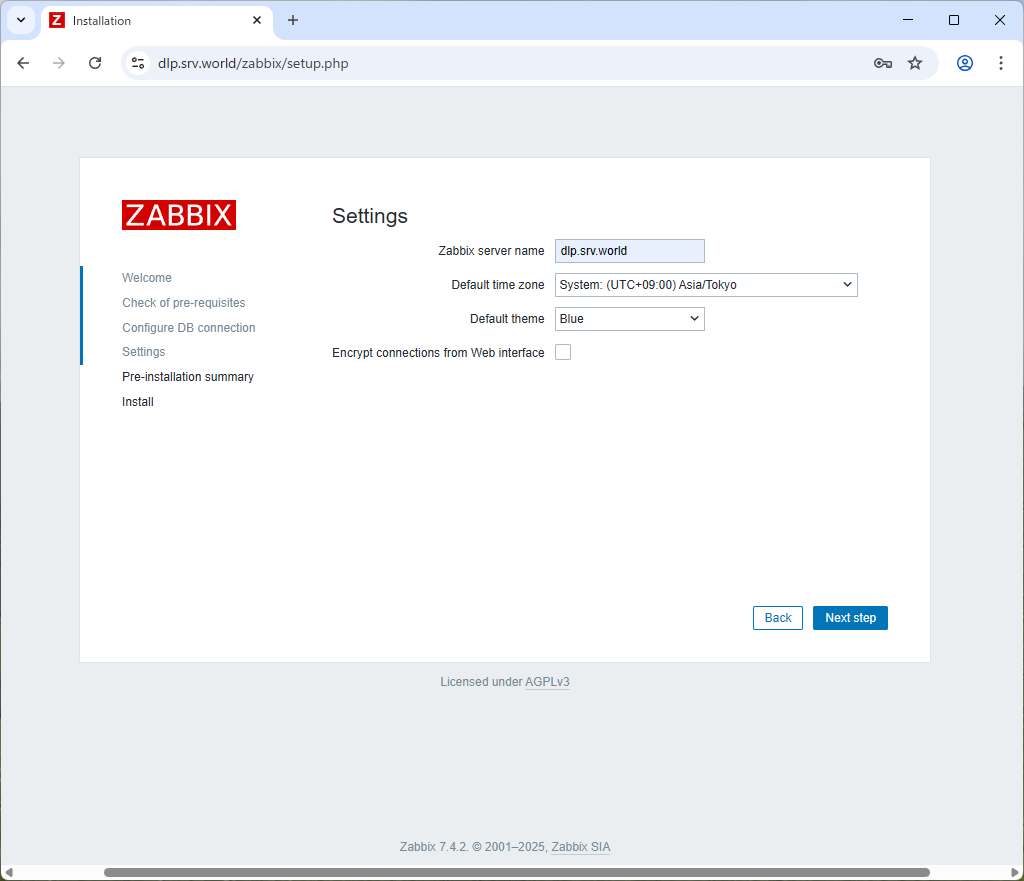 Debian 13 trixie : Zabbix 7.4 : Initial Setup : Server World
