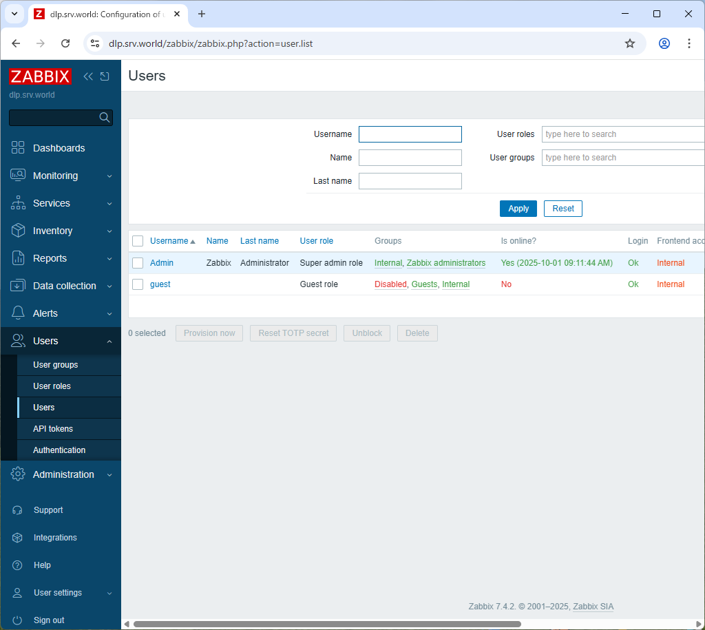 Debian 13 trixie : Zabbix 7.4 : Change Admin Password : Server World