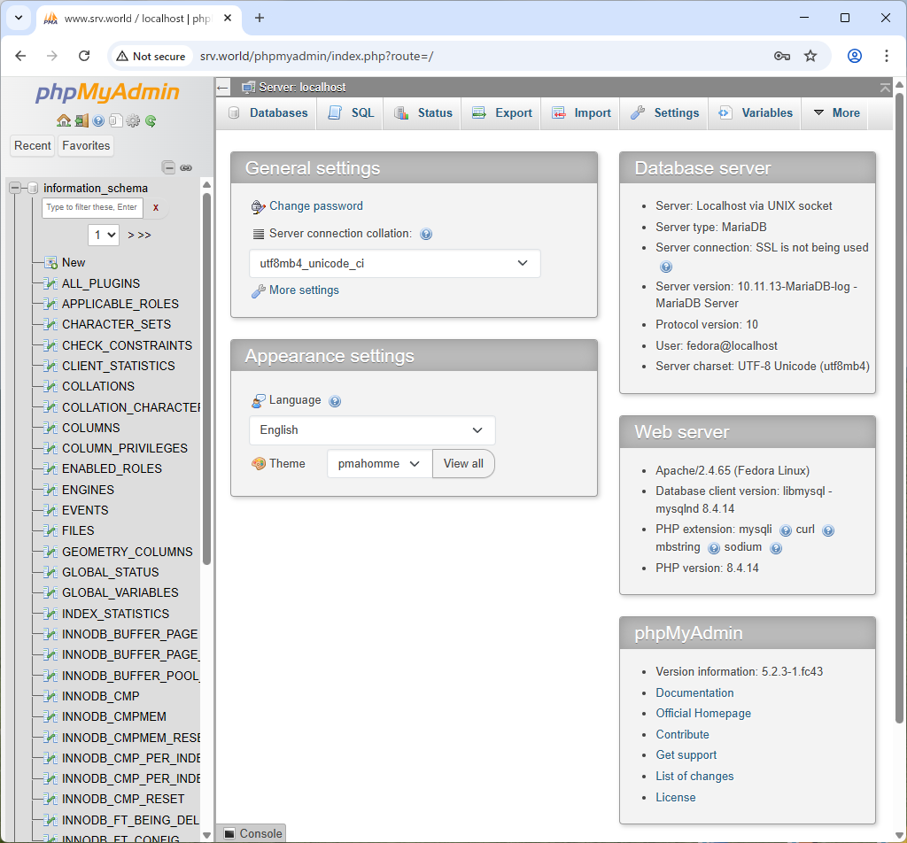 Fedora 43 : MariaDB : Install phpMyAdmin : Server World
