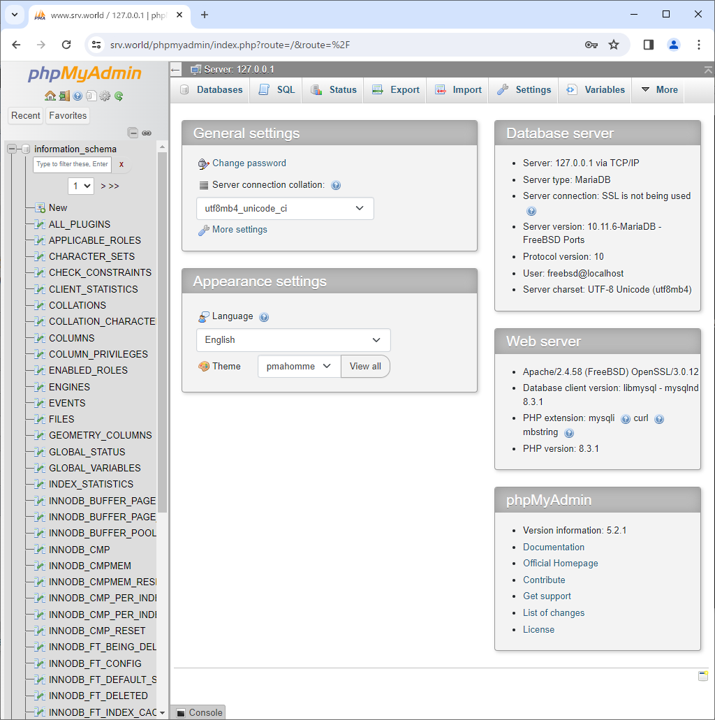 FreeBSD 15 : MariaDB : Install phpMyAdmin : Server World