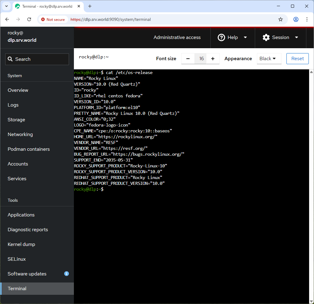 Rocky Linux 10 : Initial Settings : Use Web Admin Console : Server World