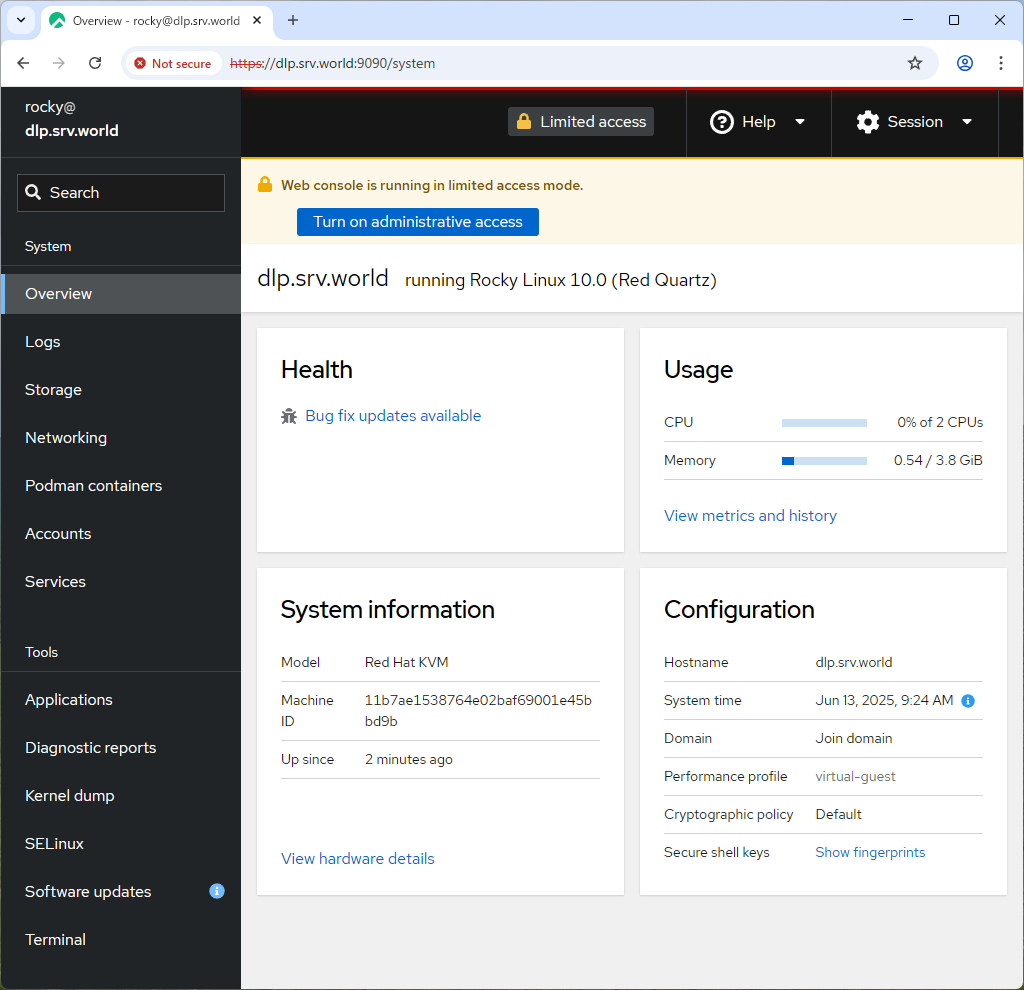 Rocky Linux 10 : Initial Settings : Use Web Admin Console : Server World