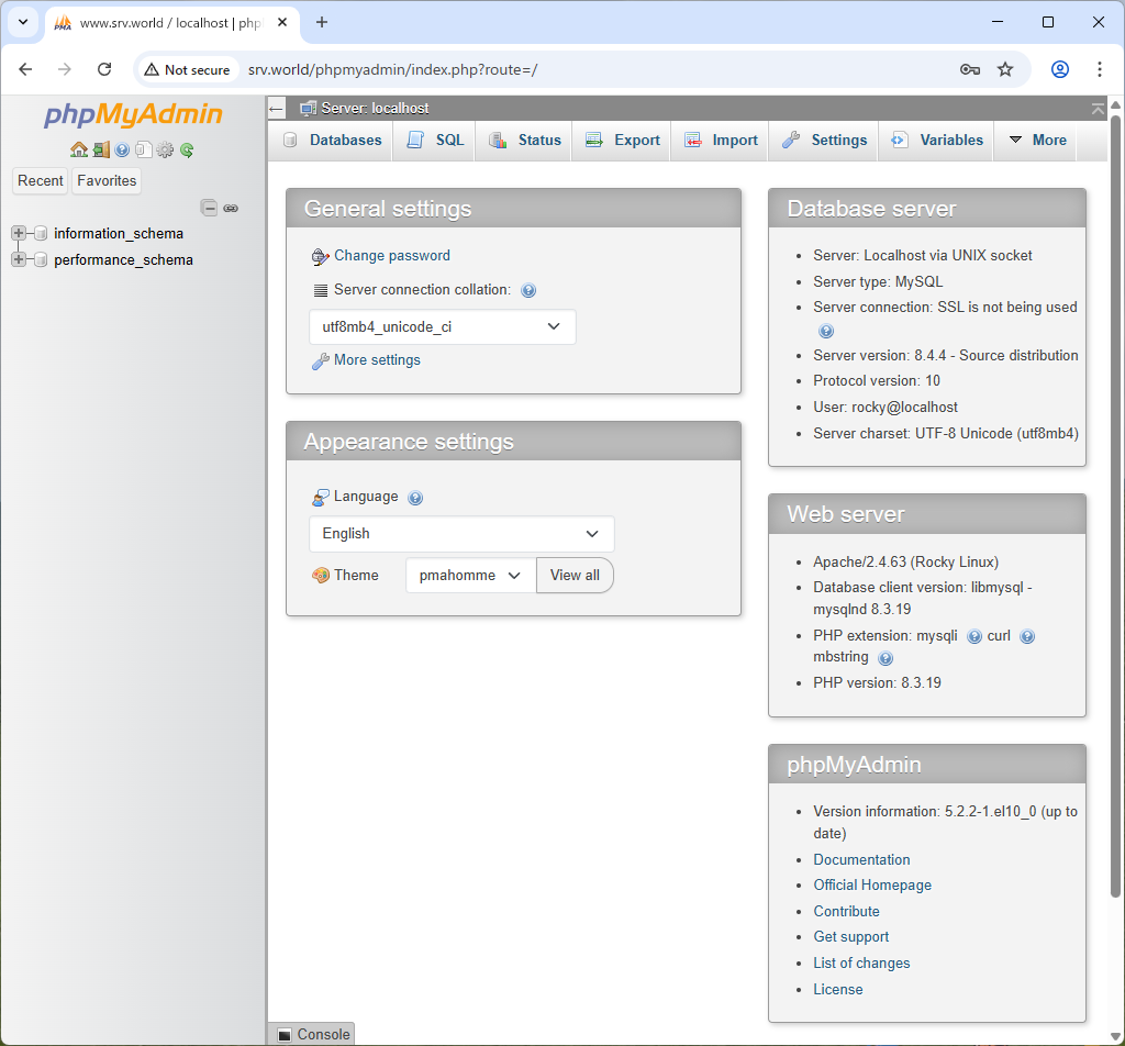 Rocky Linux 10 : MySQL 8.4 : Install phpMyAdmin : Server World
