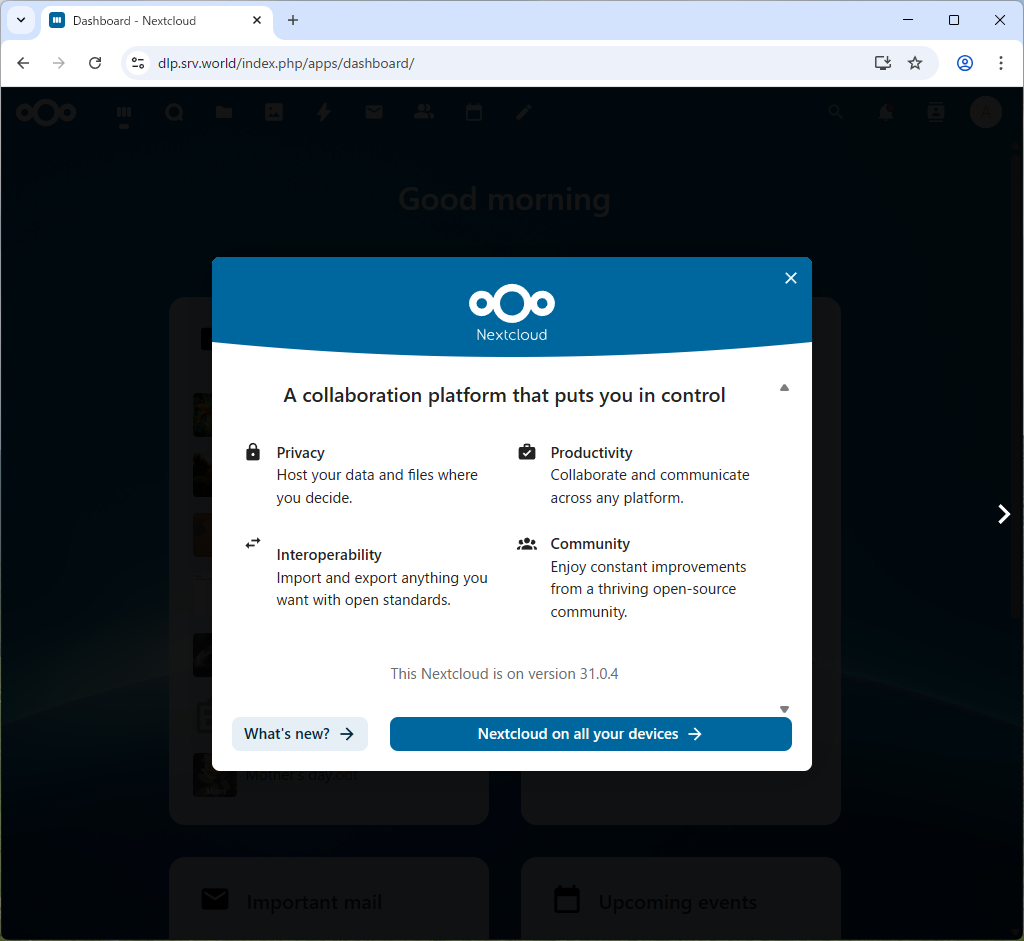 Rocky Linux 10 : NextCloud : Install : Server World
