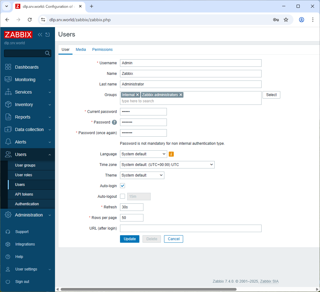Rocky Linux 10 : Zabbix 7.4 : Change Admin Password : Server World