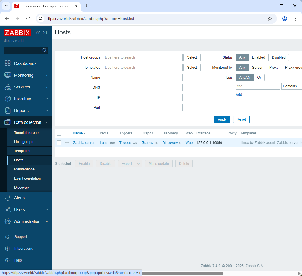 Rocky Linux 10 : Zabbix 7.4 : Set Monitoring Target Host : Server World