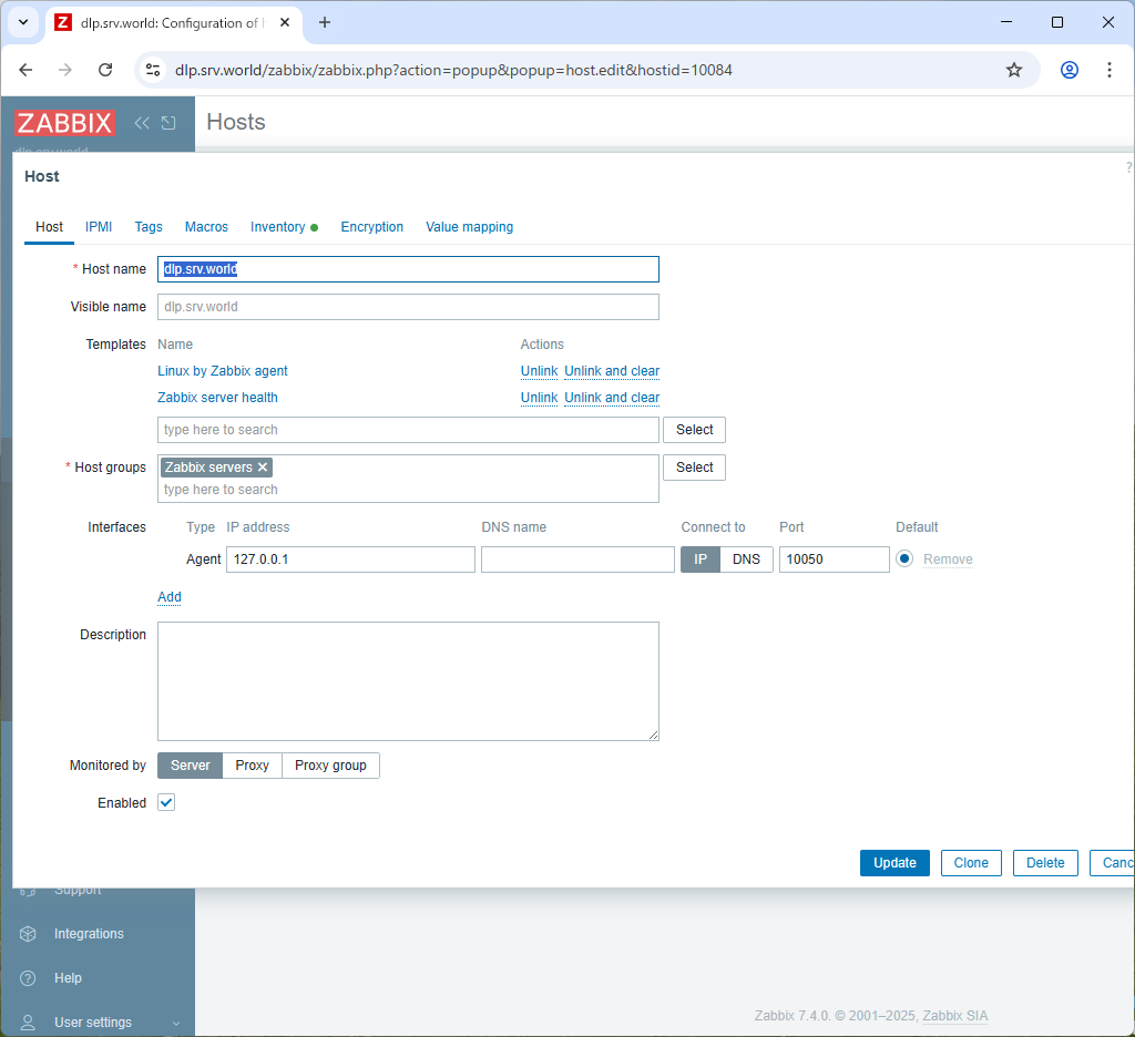 Rocky Linux 10 : Zabbix 7.4 : Set Monitoring Target Host : Server World