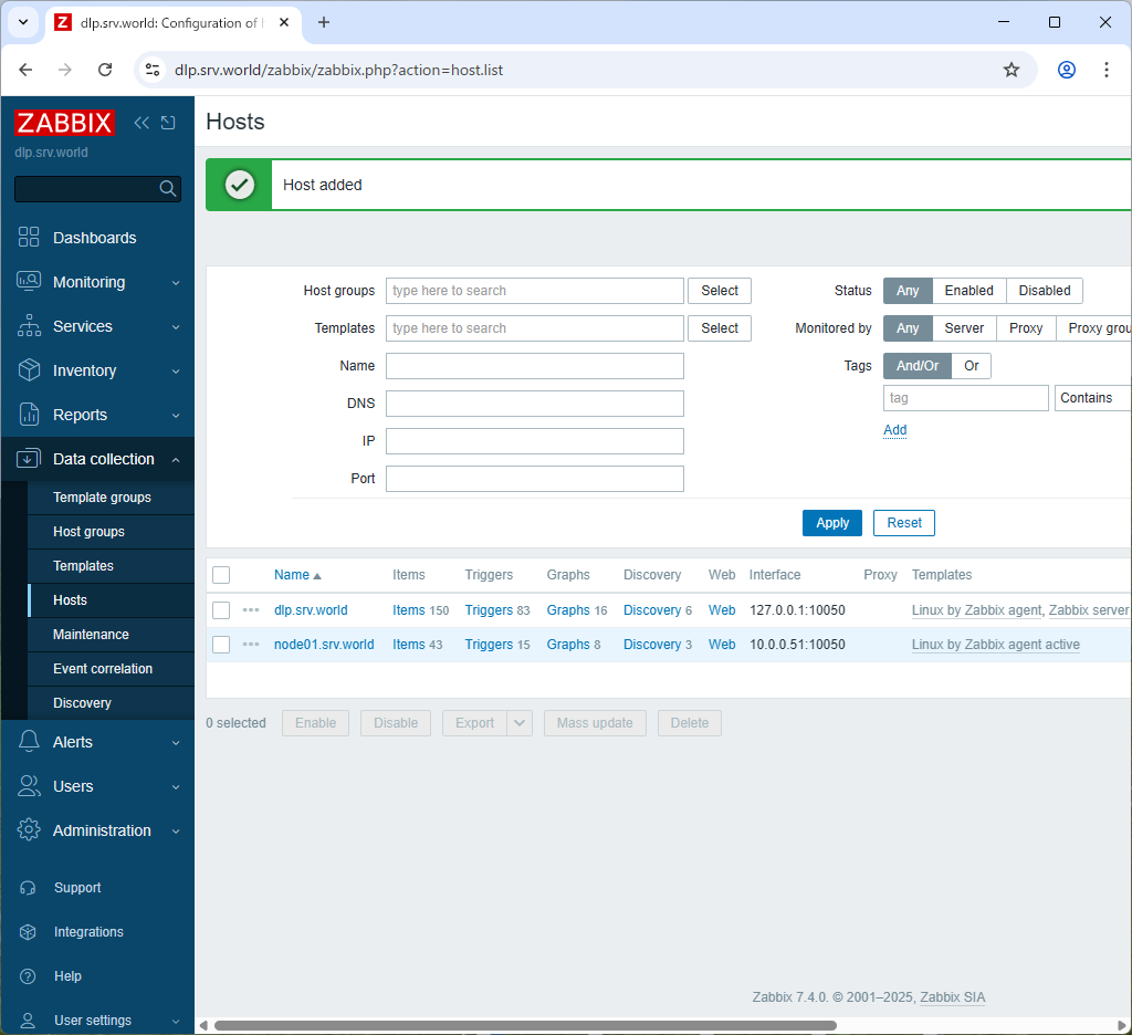 Rocky Linux 10 : Zabbix 7.4 : Add Monitoring Target (Rocky Linux) : Server World