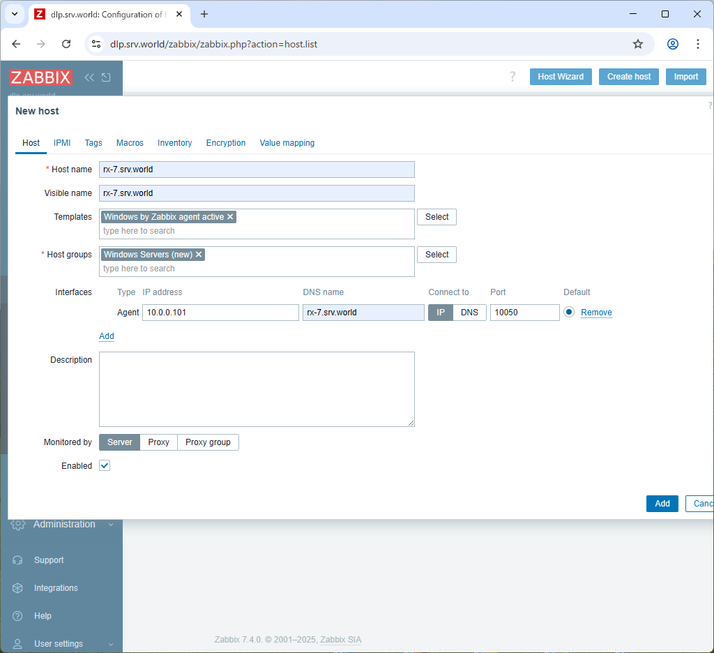 Rocky Linux 10 : Zabbix 7.4 : Add Monitoring Target (Windows) : Server World