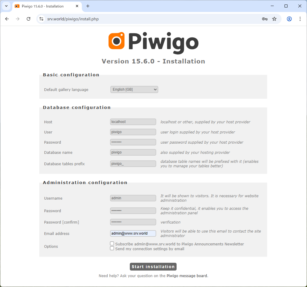 Ubuntu 24.04 : Apache2 : Photo Gallery : Piwigo : Server World
