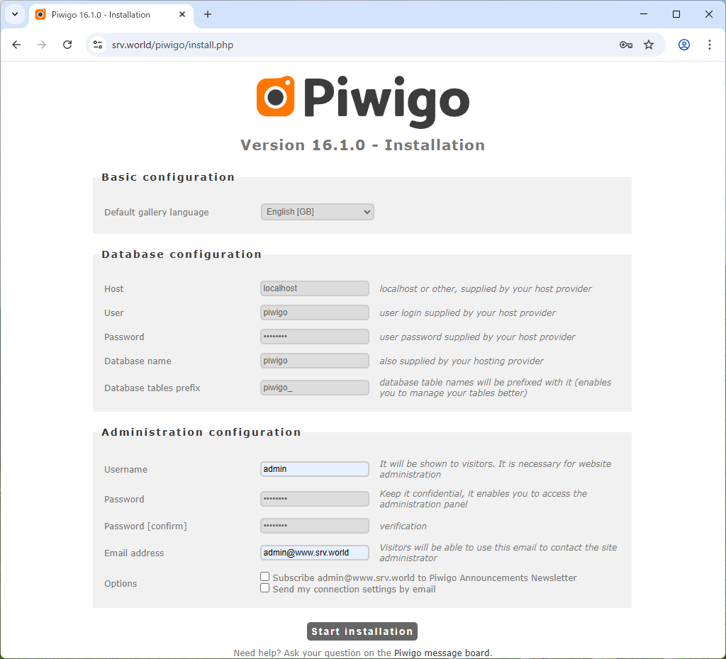 openSUSE Leap 16 : Apache httpd : Photo Gallery : Piwigo : Server World