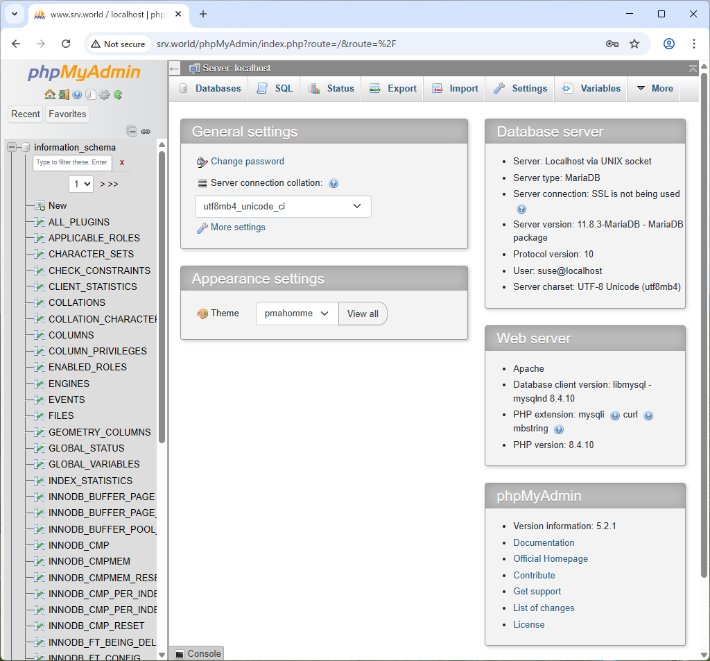 openSUSE Leap 16 : MariaDB : Install phpMyAdmin : Server World